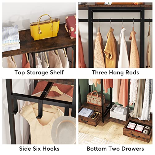 Tribesigns Clothes Rack with 2 Drawers, Freestanding Closet Organizer Garment Rack with Storage Shelves Hanging Rods and Hooks, Large Open Wardrobe Closet Clothing Rack for Bedroom