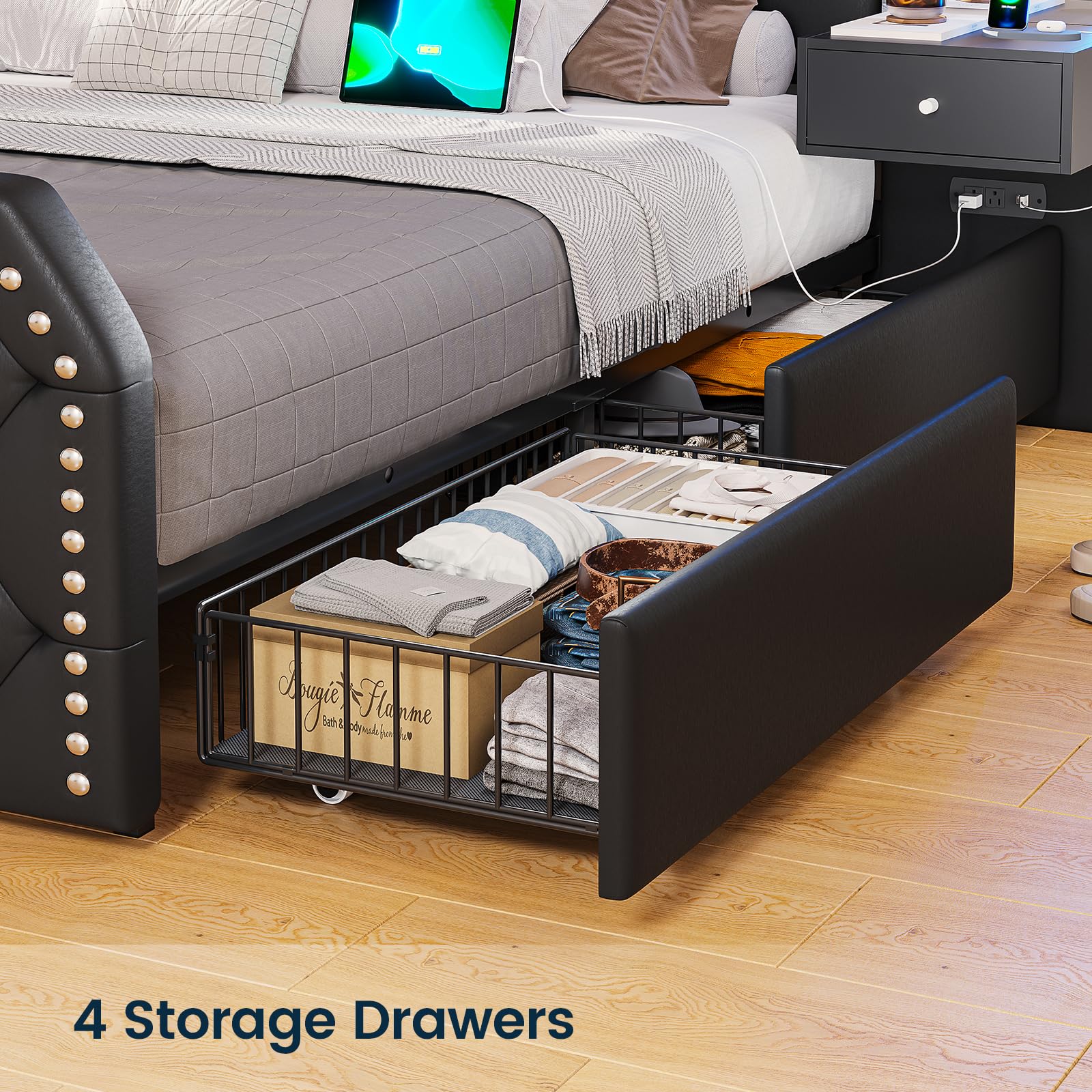 SEDETA Queen Size 53” Tall Platform Bed Frame with 4 Storage Drawers, PU Leather Upholstered Queen Bed Frame with Deep Button Tufted Headboard and Footboard, Built in Charging Station & LED, Black