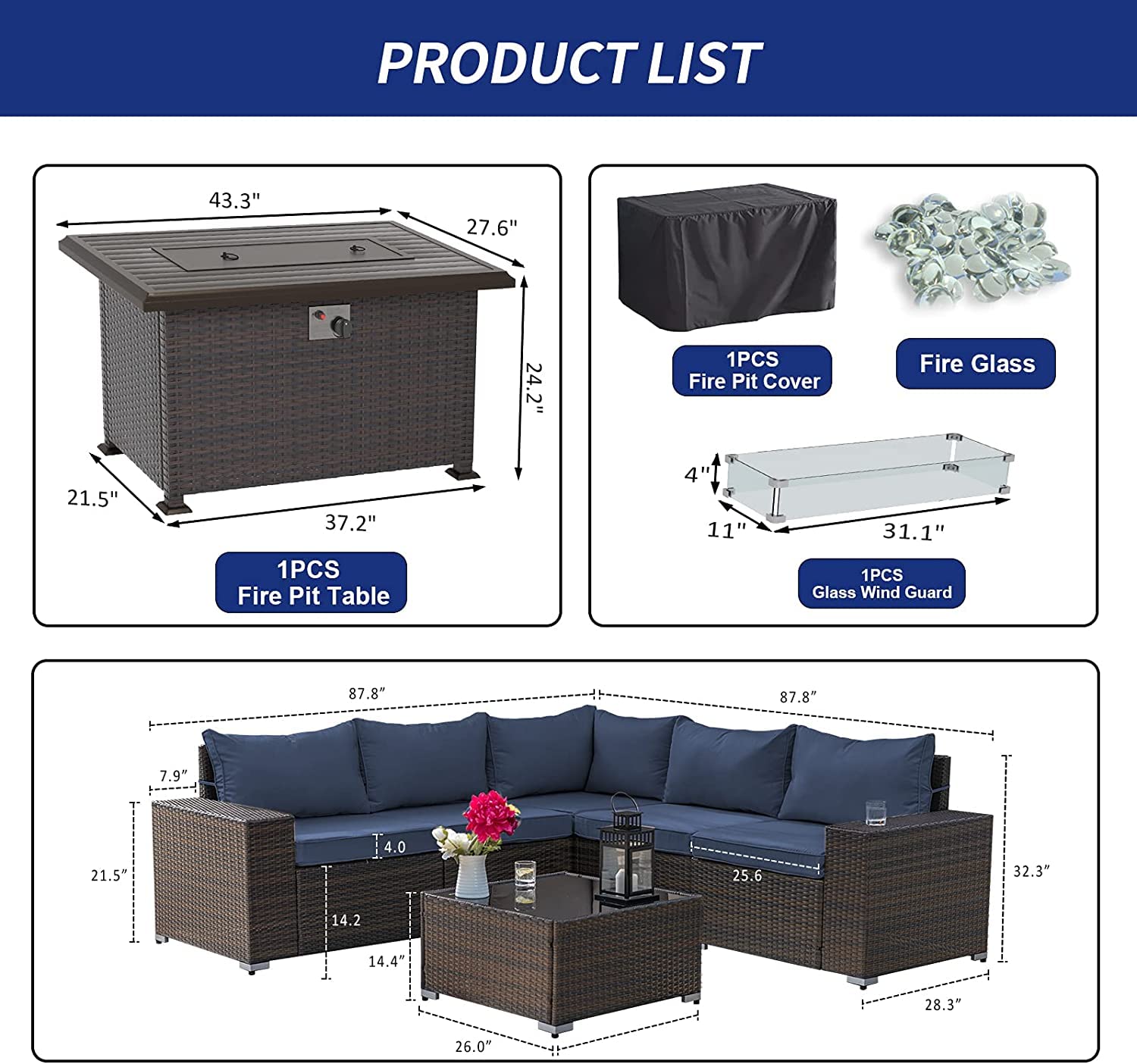 Kullavik 7 Pieces Outdoor Patio Furniture Set with 43" Gas Propane Fire Pit Table PE Wicker Rattan Sectional Sofa Patio Conversation Sets,Navy Blue