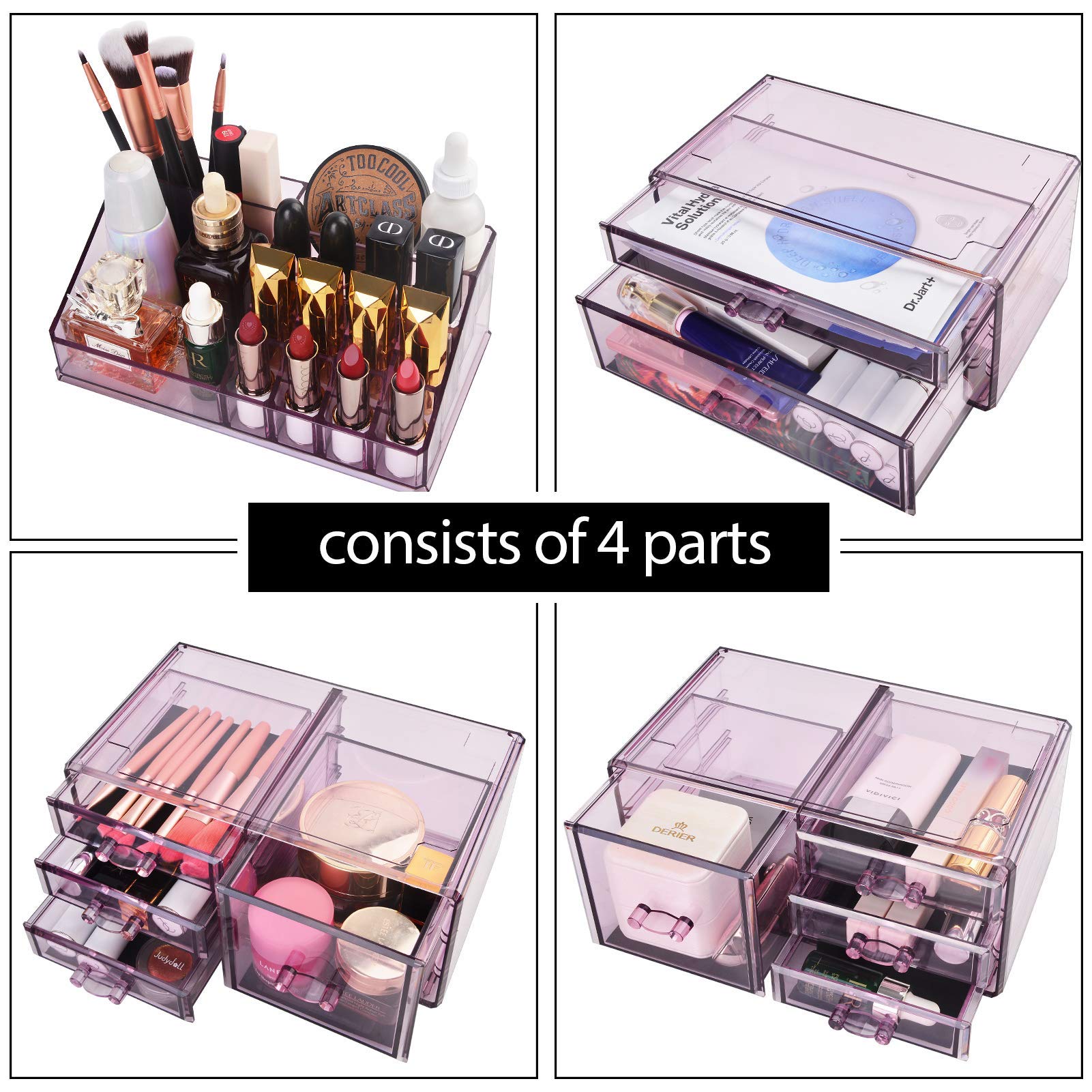 InnSweet Makeup Organizer Large Cosmetic Storage Drawers and Jewelry Display Box for Vanity, Makeup Holder with 10 Drawers, Purple