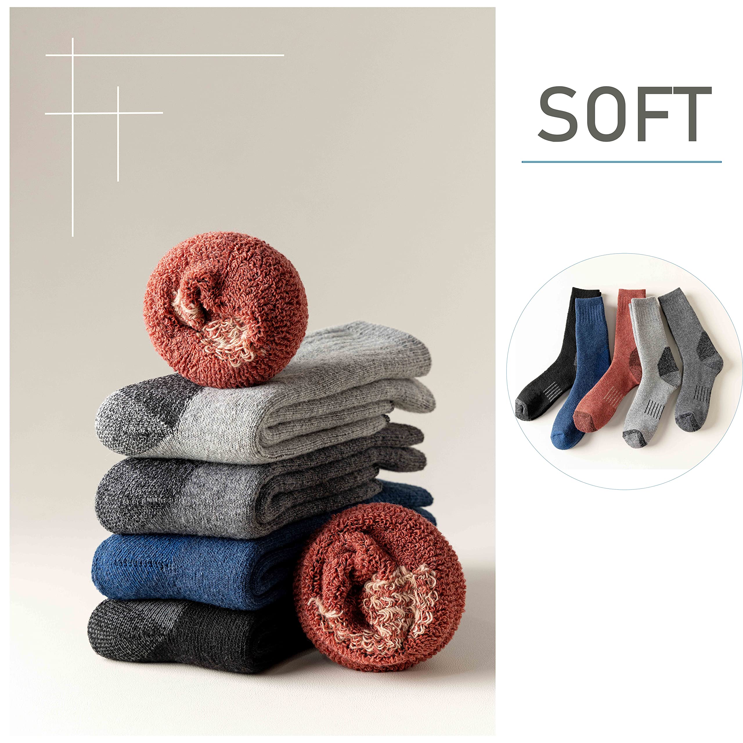 Marchare Merino Wool Socks Thermal Hiking Crew Socks With Cusioned Winter Warm Socks For Men Black/Red/Navy 3 Pack 6-10