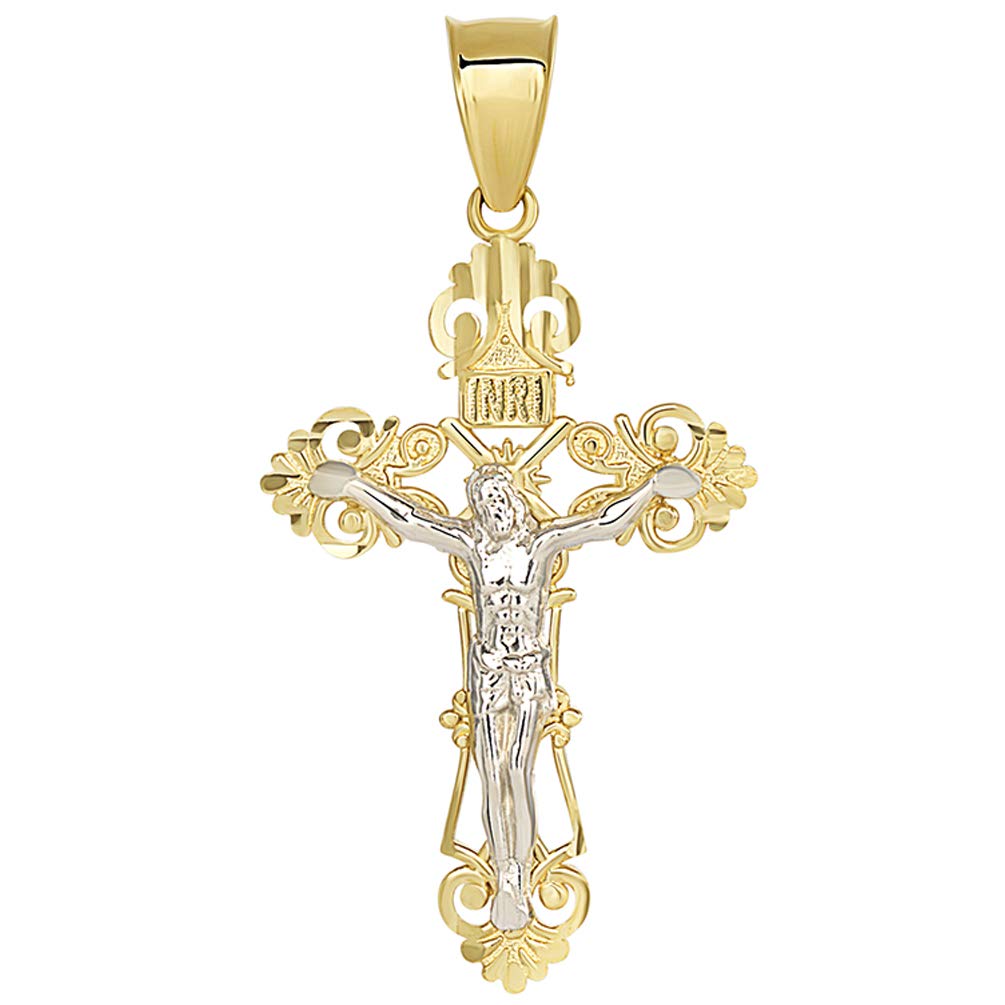 Jewelry America Solid 14K Two-Tone Gold Roman Catholic Cross Charm with Jesus INRI Crucifix Pendant Necklace, 22"