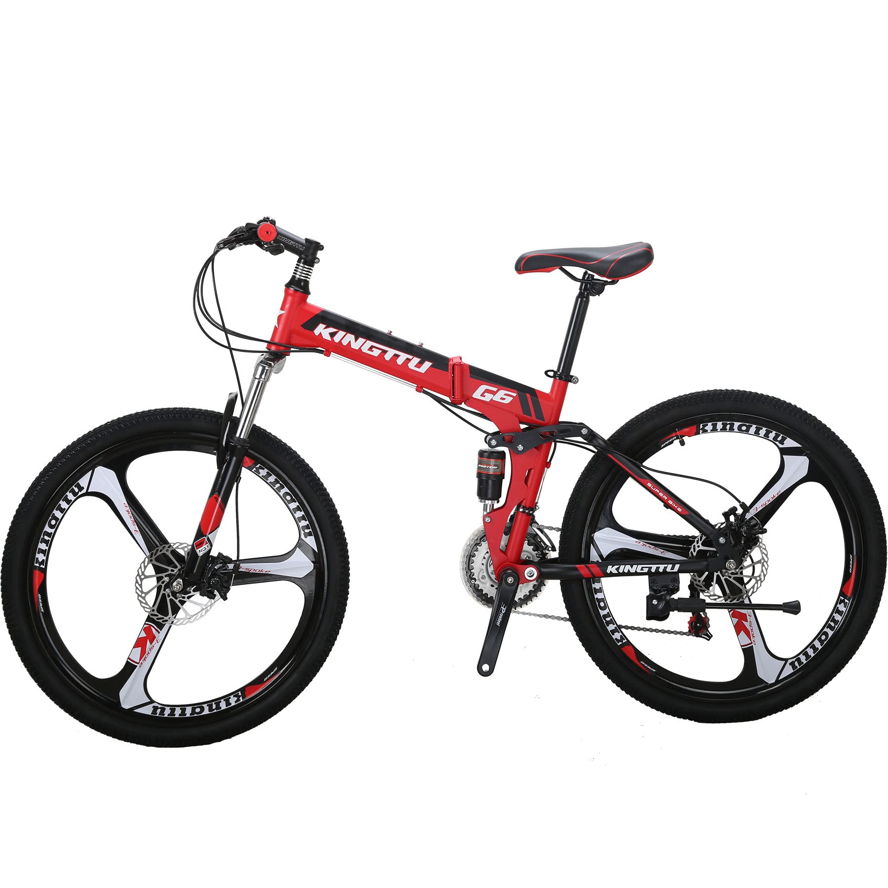 Kingttu G6 26 Inch Folding Mountain Bike 21 Speed Full Suspension Foldable Bicycle, Dual Disc Brake Folding Bikes for Adults/Men/Women (Red)