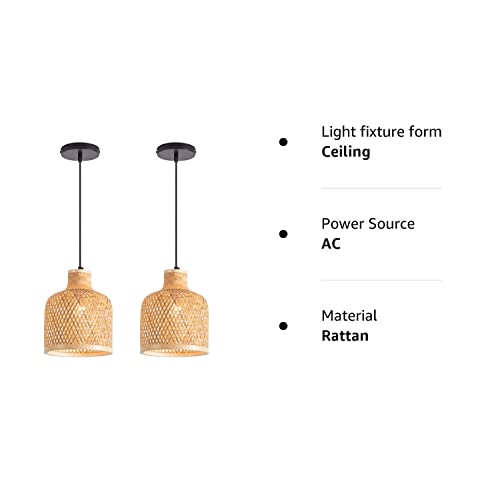 Modern Bamboo Woven Pendant Light Set of 2, Coastal Bamboo Wicker Dome Pendant Lighting Fixture for Kitchen Dining Room Living Room Foyer