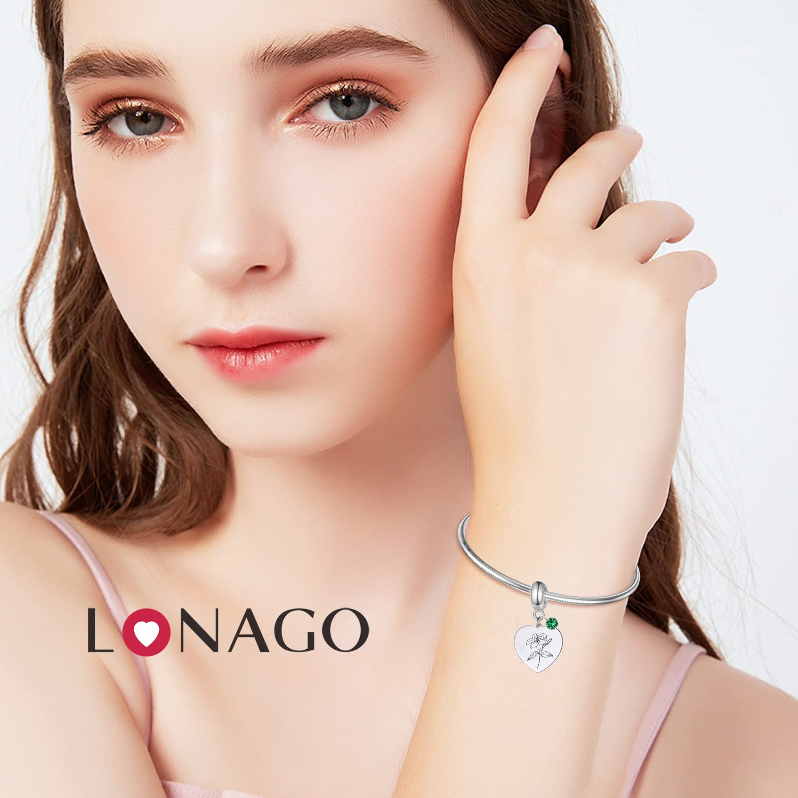 LONAGO Birth Flower Heart Charm Custom Name Charm Bead for Bracelet, Personalized Month Floral Bead Charm Birthday Gift for Women (Sterling Silver-silver color)