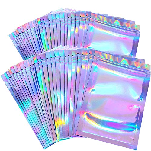 Mylar Bags - 100 Pieces Smell Proof Bags - Ziplock Bags Holographic Rainbow Color - 3x4 Inch Resealable Bags - Mylar Bags for Food Storage - Packaging Bags for Candy and Dried Fruits