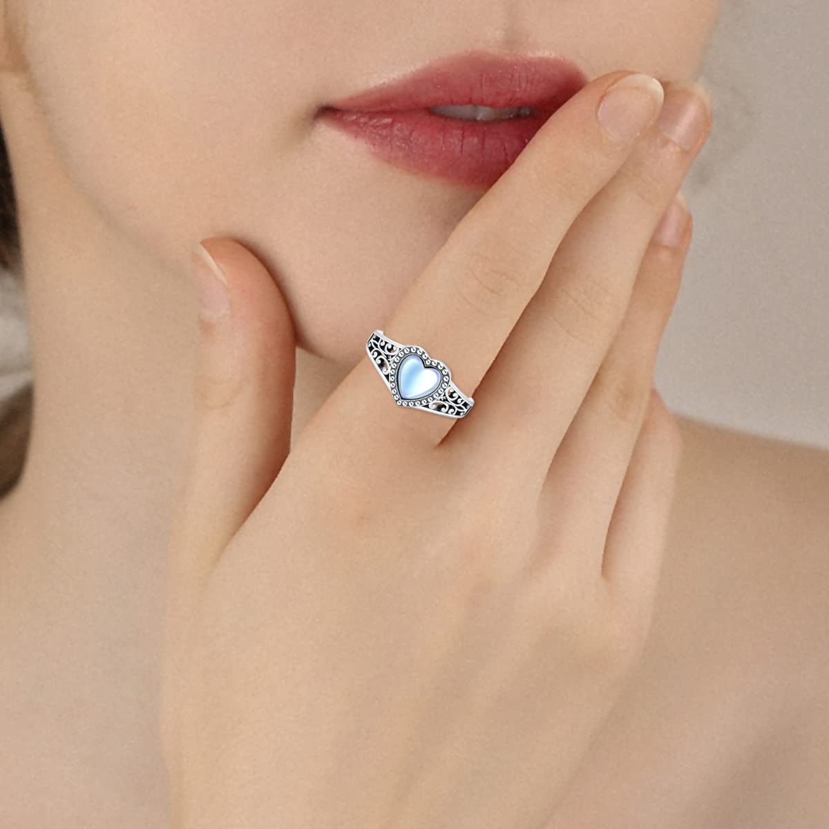 LONAGO Created Moonstone Ring 925 Sterling Silver Heart Shaped Vintage Ring Jewelry (Size 9)