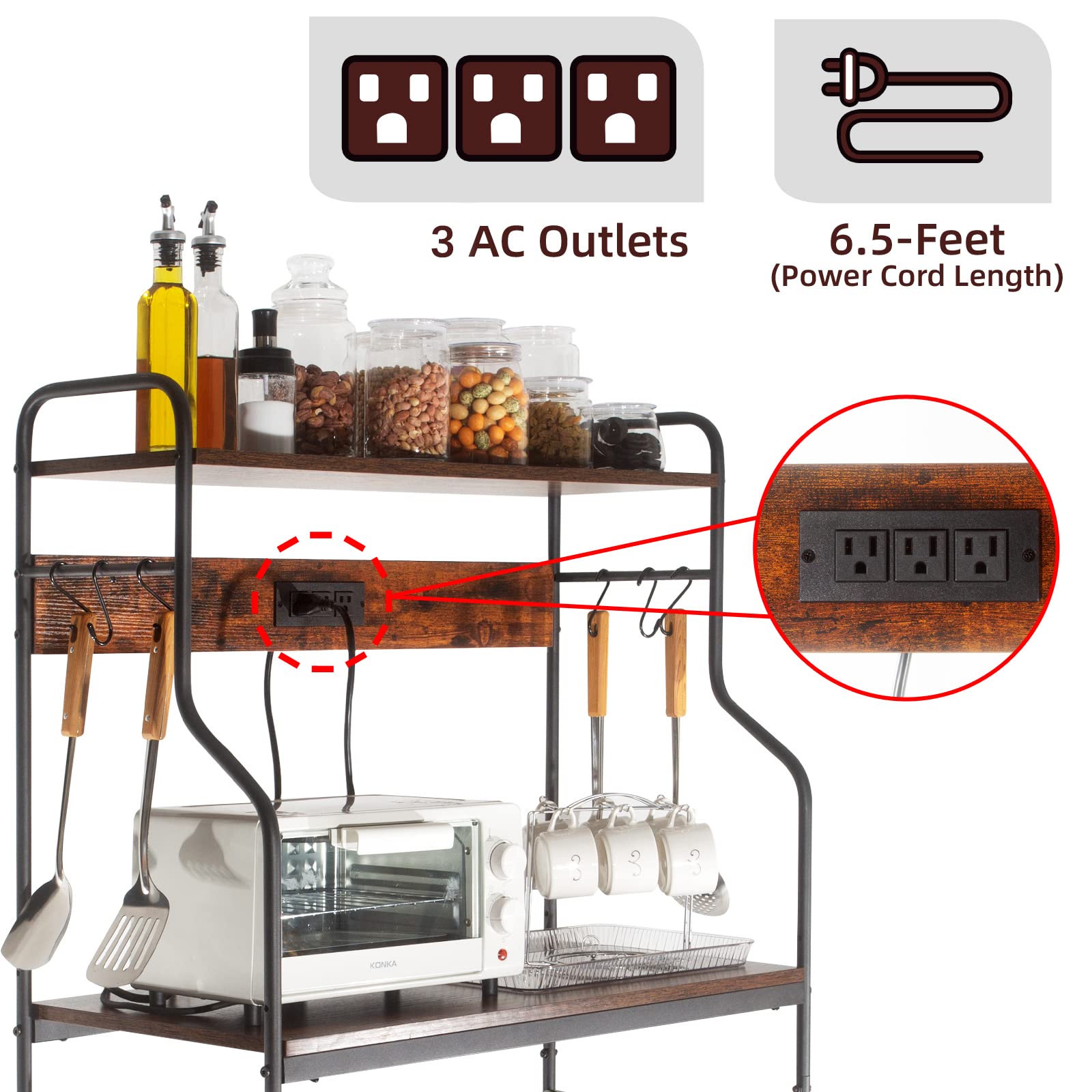 Hosfais Kitchen Appliance Organizer - Kitchen Shelves Freestanding with 3 Power Outlets, Microwave Stand with 4 Tiers Storage Shelf, Kitchen Appliance Stand with Hooks