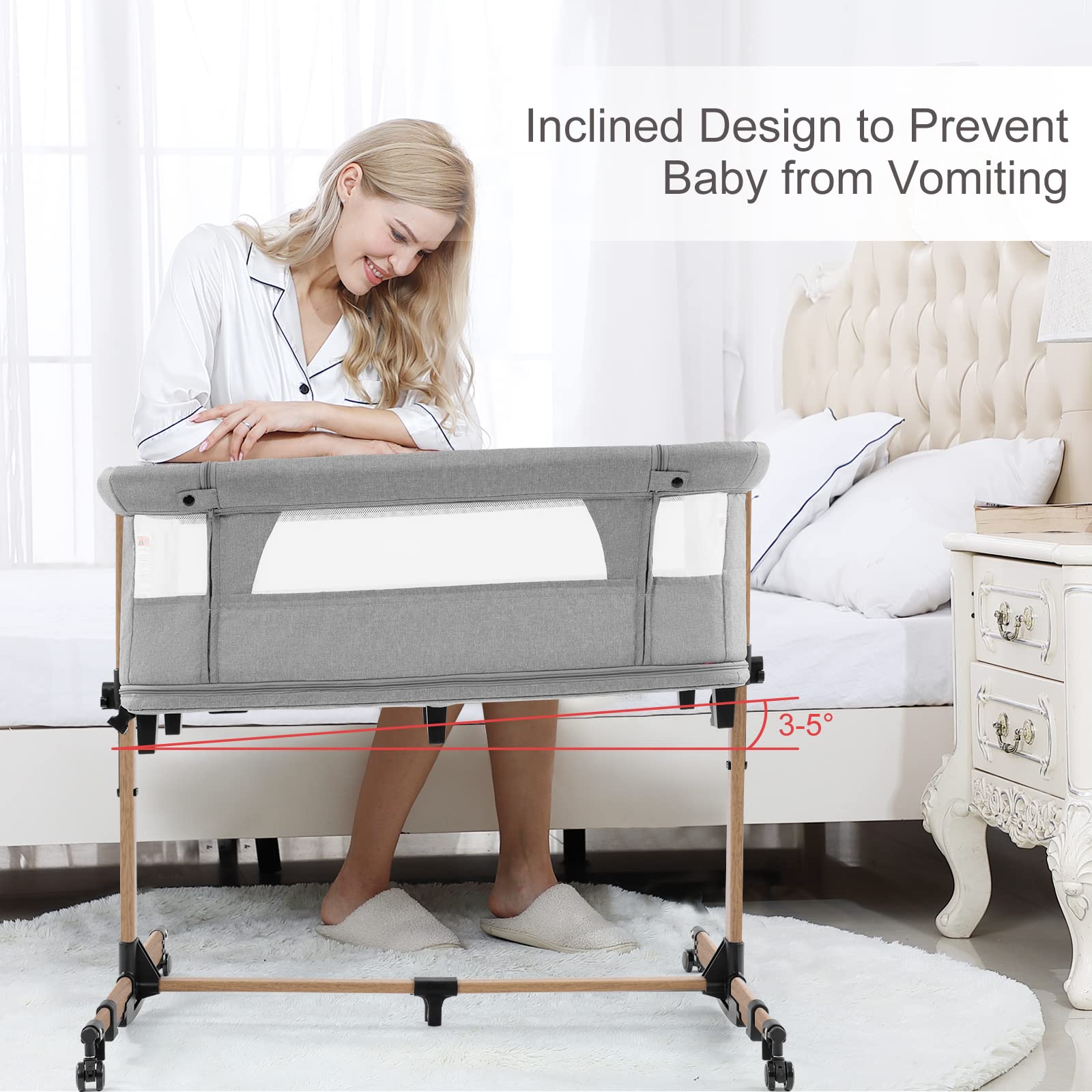 Jaoul 3 in 1 Baby Bassinets Bedside Sleeper & Playpen Design with Mattress Included, Easy Folding Travel Baby Crib Height Adjustable (Single, Khaki)