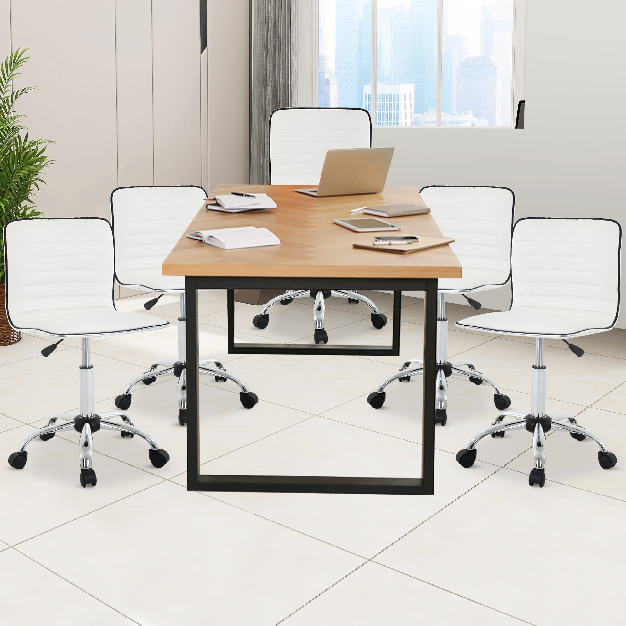 Home Office Desk Chair Height Adjustable PU Leather Vanity Makeup Chair 360° Swivel Rolling Computer Chair Modern Executive Low Back Task Chair with Armrest & Wheel for Office Makeup Room, Grey