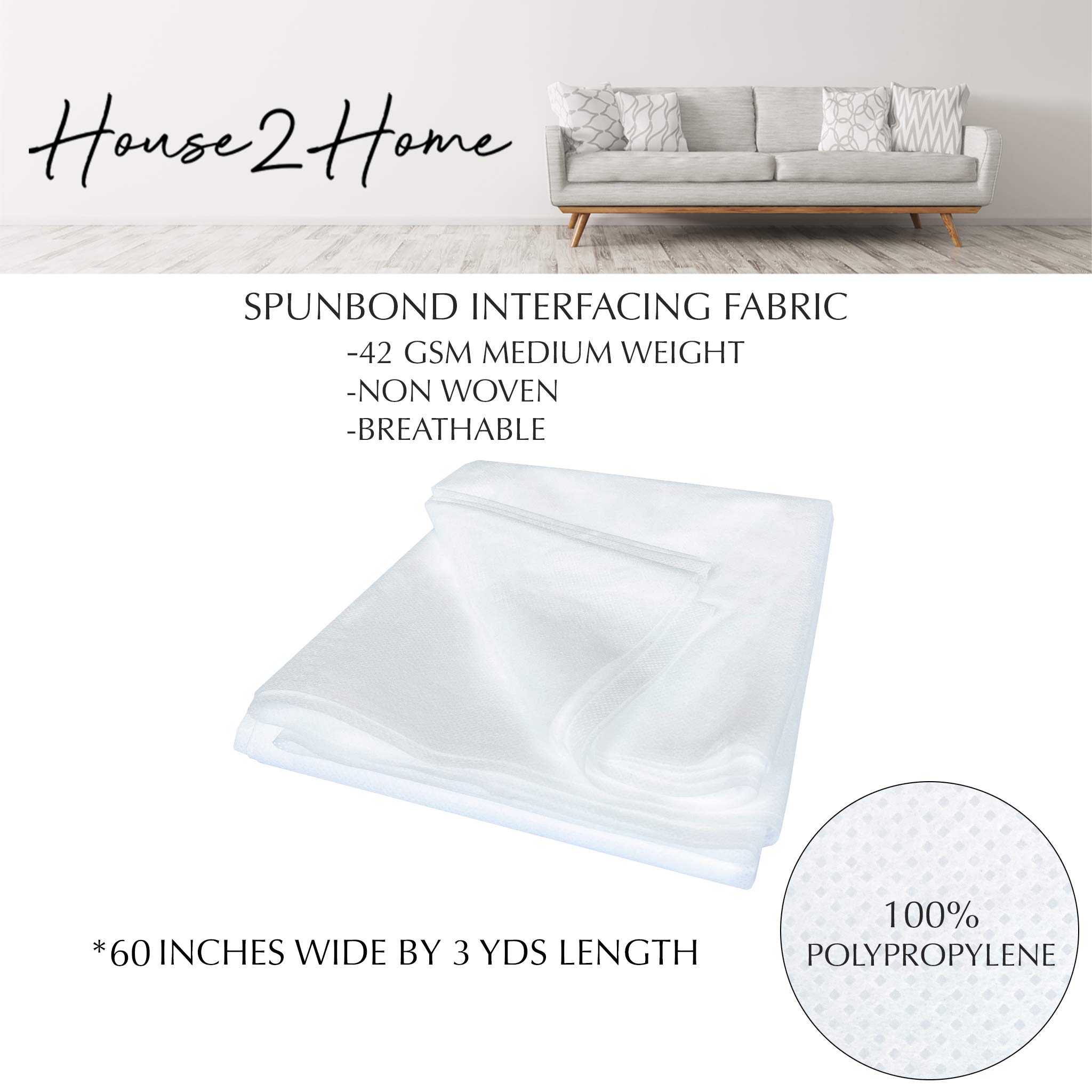 House2Home 60" x 3 yards Nonwoven 100% Polypropylene Fabric | Non-Woven Spunbond Interfacing for Sewing and Filters, 42 GSM (Medium Weight)