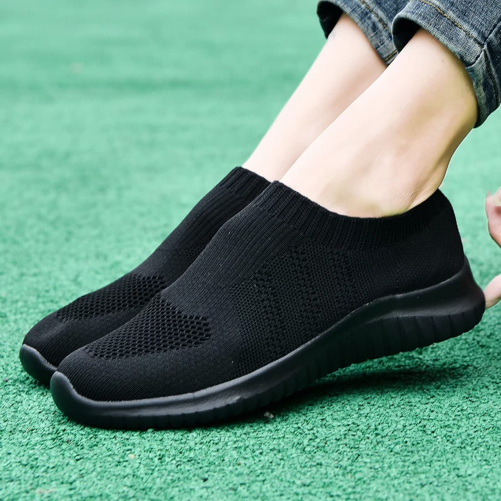 konhill Women's Walking Tennis Shoes - Lightweight Athletic Casual Gym Slip on Sneakers 7.5 Wide US A/All Black,38