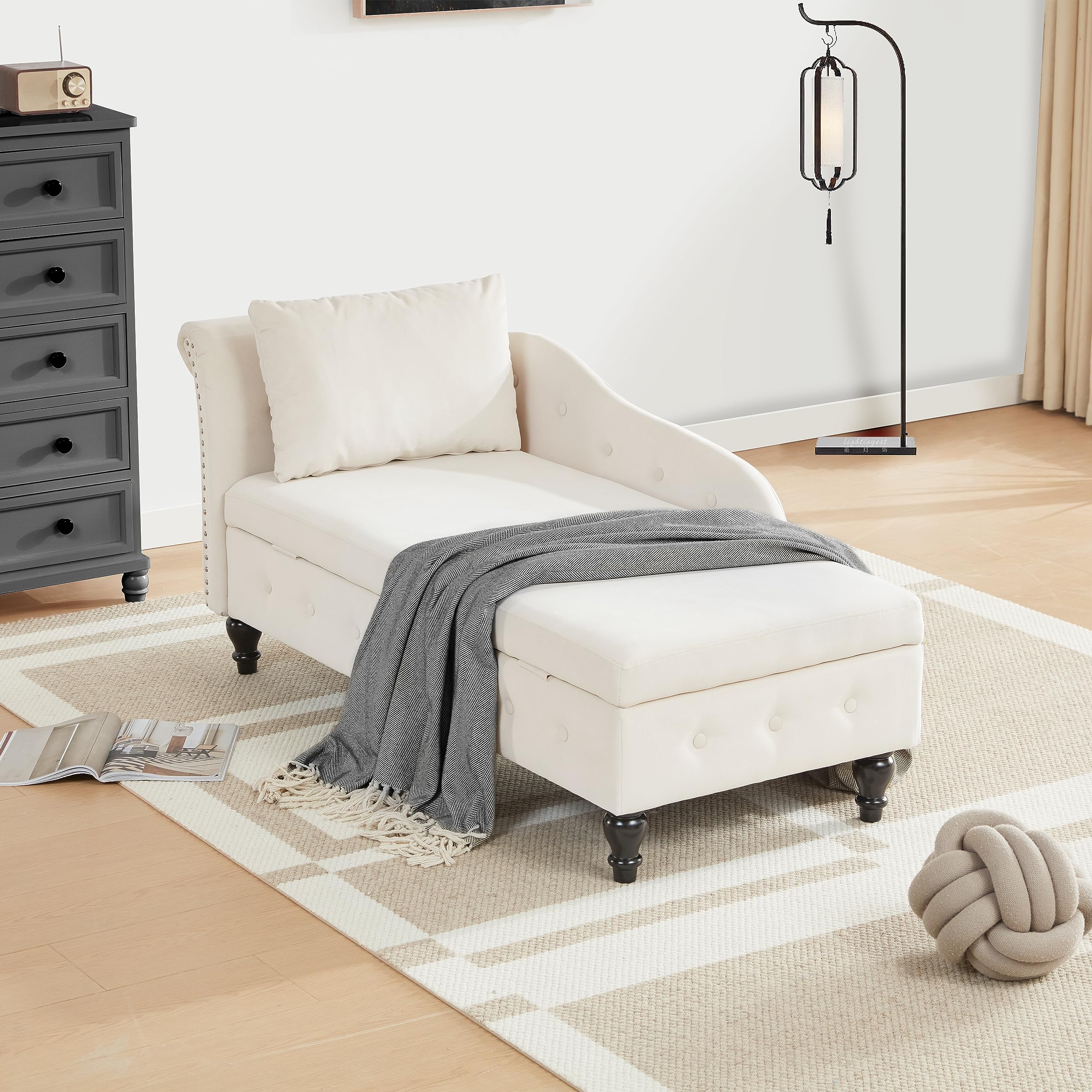 Iroomy Button-Tufted Chaise Lounge Indoor with Solid Wood Legs & Support Pillow, Upholstered Chaise Lounge Chair for Bedroom Living Room Office, Armless Rolled Backrest Leisure Sofa Recliner-Dark Grey