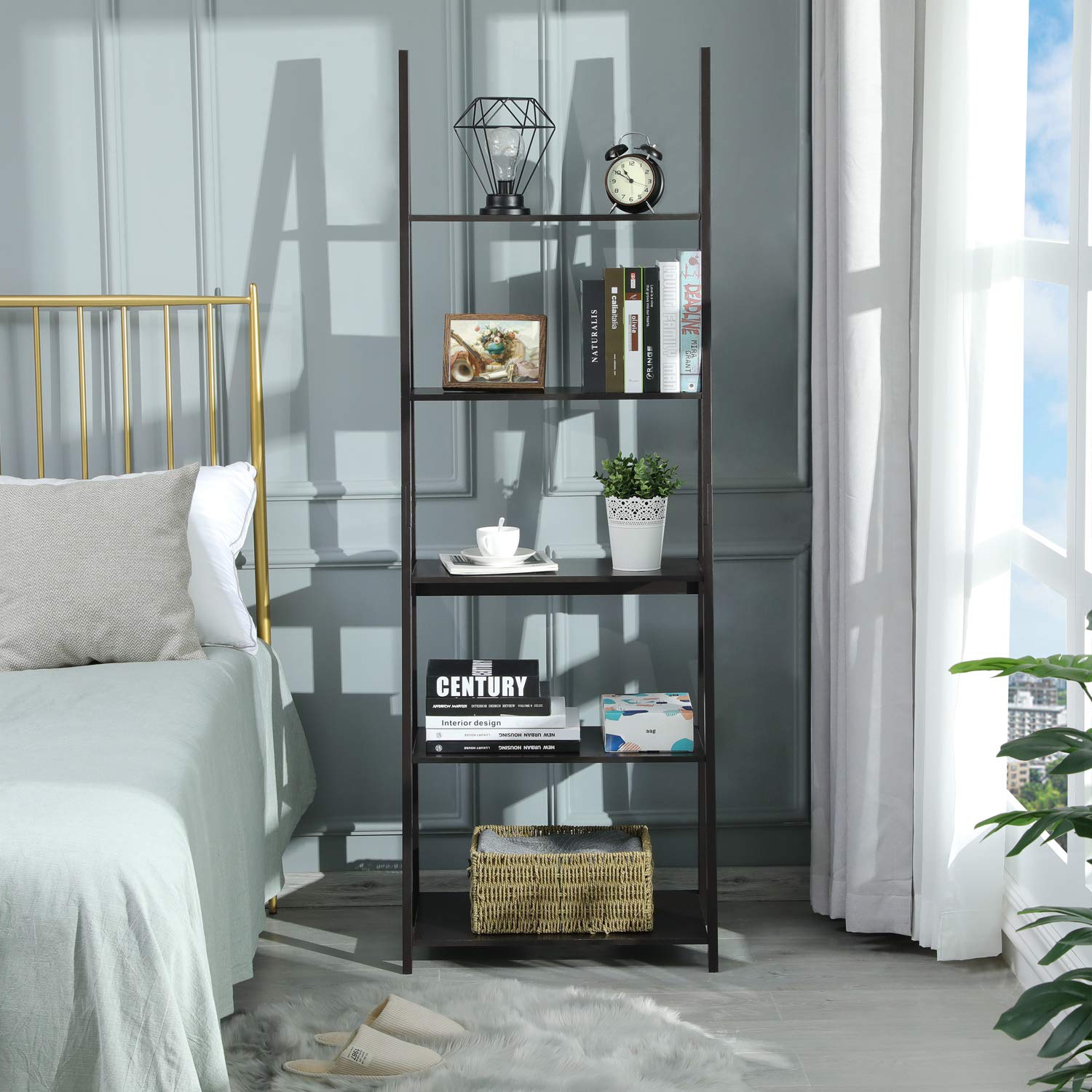 Kicode 5-Tier Ladder Shelf Bookcase, Leaning Bookshelf, Wooden Frame Decor Modern Bookshelf Storage, Flower Shelf Plant Display Shelf for Home Office