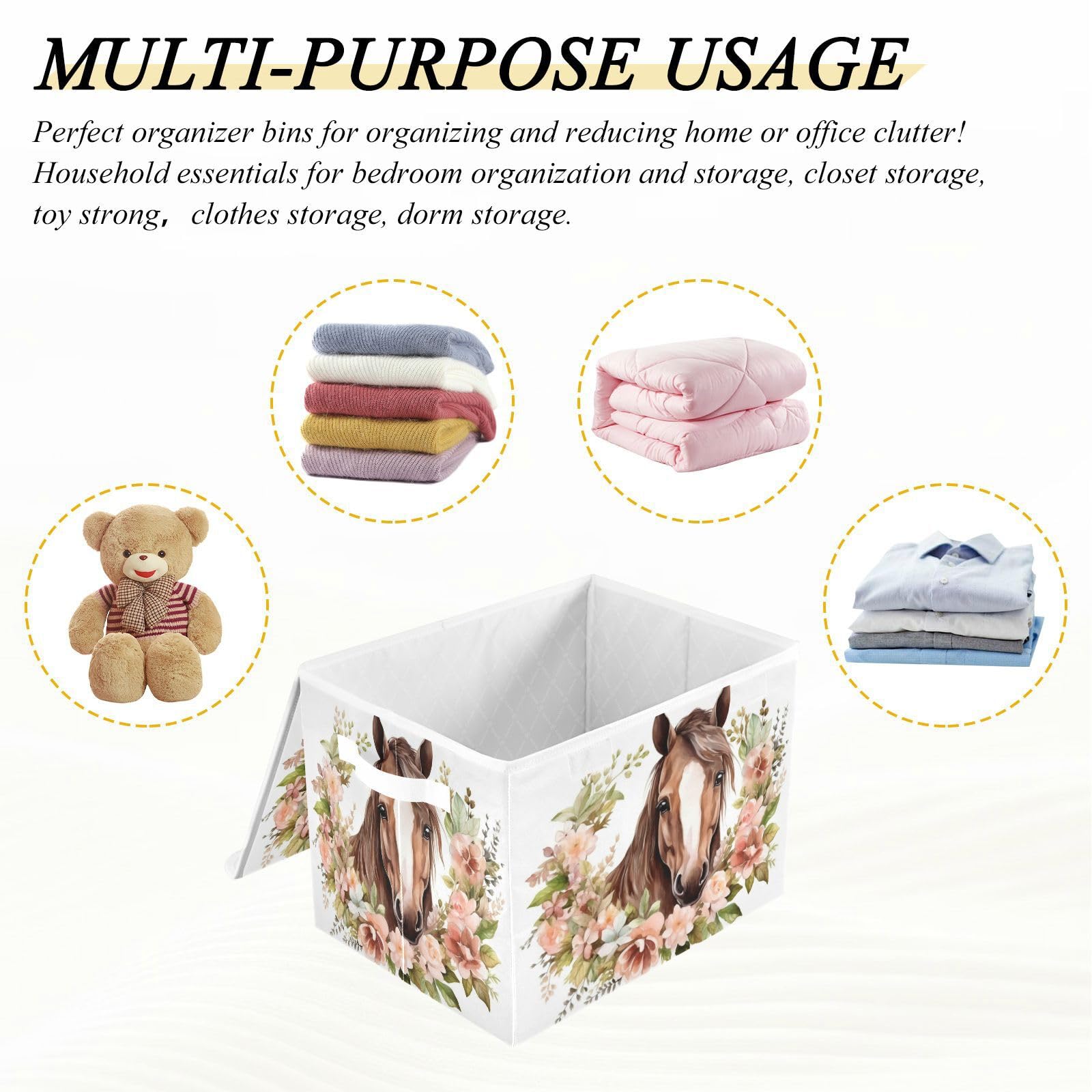 senya Baskets Collapsible Storage Bins with Lids, Horse Head Flower Leaves Storage Boxes Clothes Baskets for Organizing, B06D22020