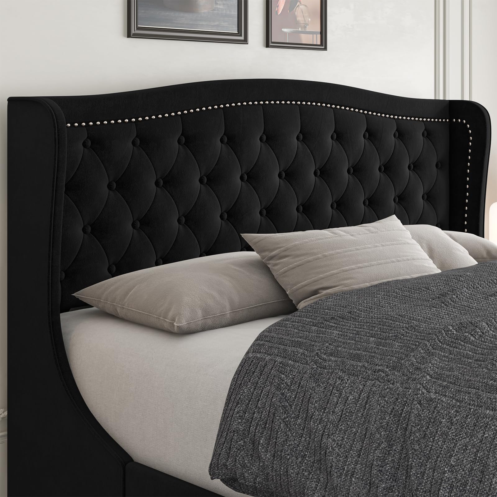 HOSTACK Queen Size Bed Frame, Modern Upholstered Platform Bed with Wingback Headboard, Heavy Duty Button Tufted Bed Frame with Wood Slat Support, Easy Assembly, No Box Spring Needed(Black, Queen)
