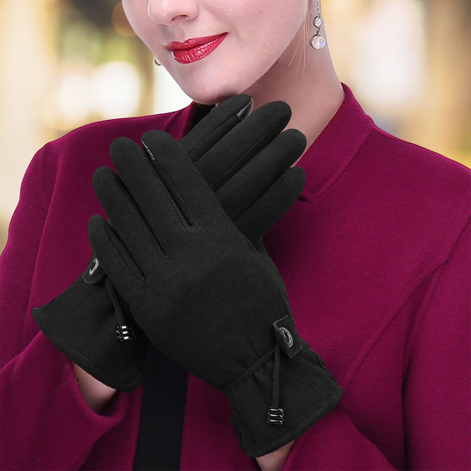 OZERO Women Winter Touchscreen Gloves: Deer Leather Cold Weather Warm Gloves | Womens Lined Black Touch Screen Thermal Gloves for Cycling Running Driving Texting