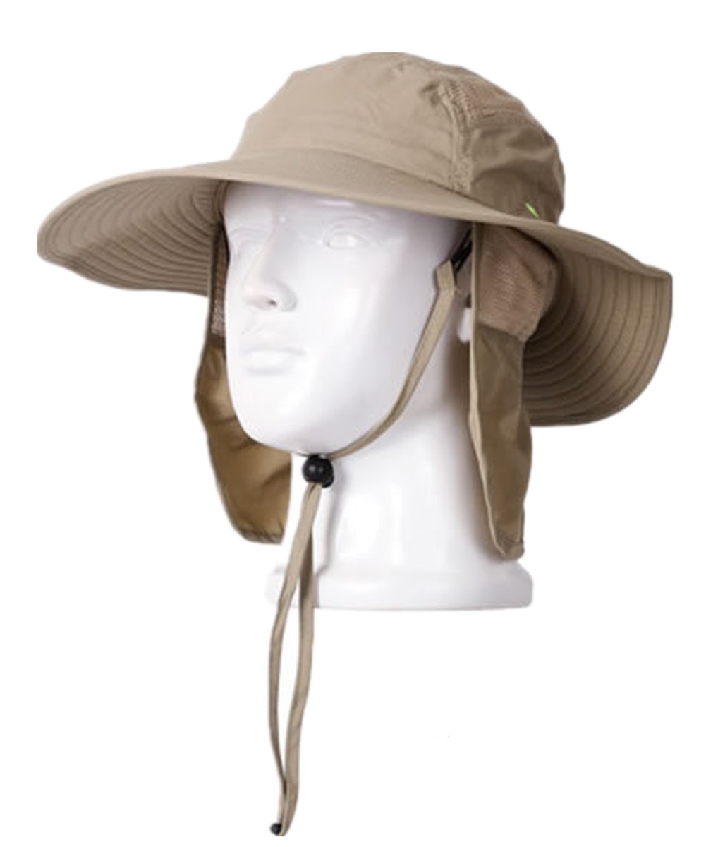 Home Prefer Adult UPF 50+ Sun Protection Cap Wide Brim Fishing Hat with Neck Flap Khaki
