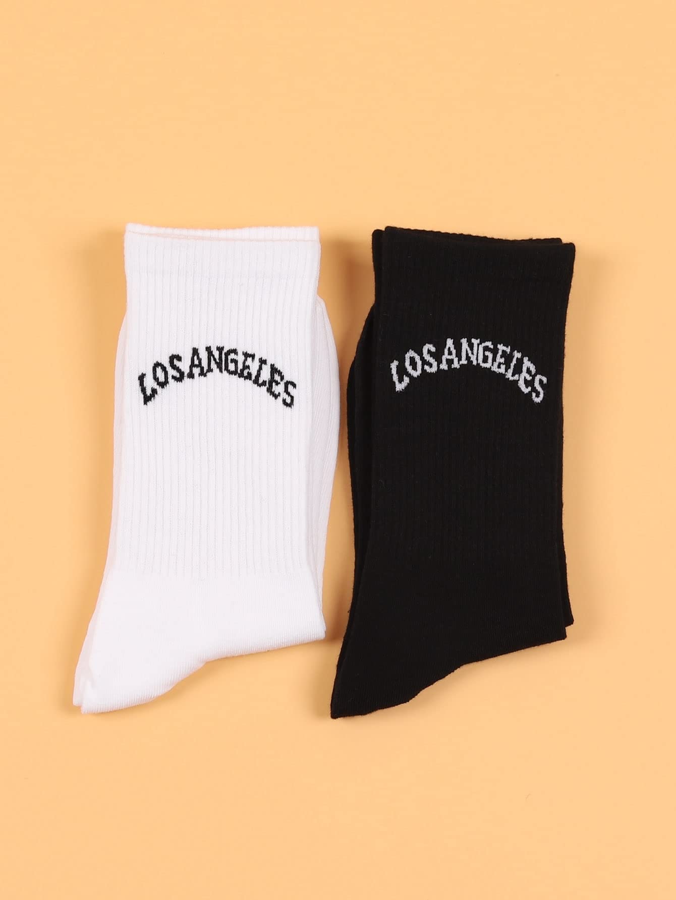 Milumia Women's 2 Pairs Letter Graphic Crew Socks Athletic Running Cushioned Socks Black and White One Size