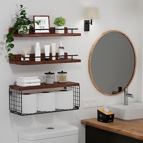 Xeapoms Floating Shelves with Wire Storage Basket, Wall Mounted Bathroom Shelves Over Toilet with Metal Guardrail, Rustic Wood Wall Shelf for Bathroom Decor,Bedroom,Living Room,Kitchen β Rustic Brown