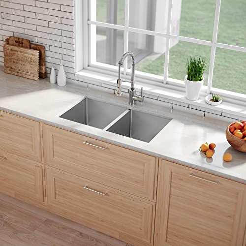 KRAUS Standart PRO™ 33-inch 16 Gauge Undermount 50/50 Double Bowl Stainless Steel Kitchen Sink with WasteGuard™ Continuous Feed Garbage Disposal, KHU102-33-100-75MB