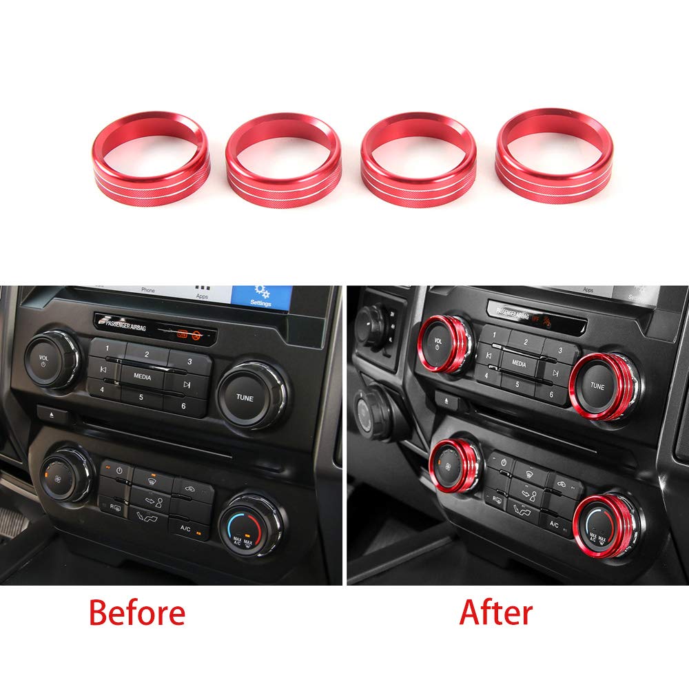 Keptrim for F150 Air Conditioner Switches AC VOL Knob Ring Button Trim for Ford F150 XLT 2015 2016 2017 2018 2019 2020, Red Aluminum, 4pcs (Not for 2021 2022)