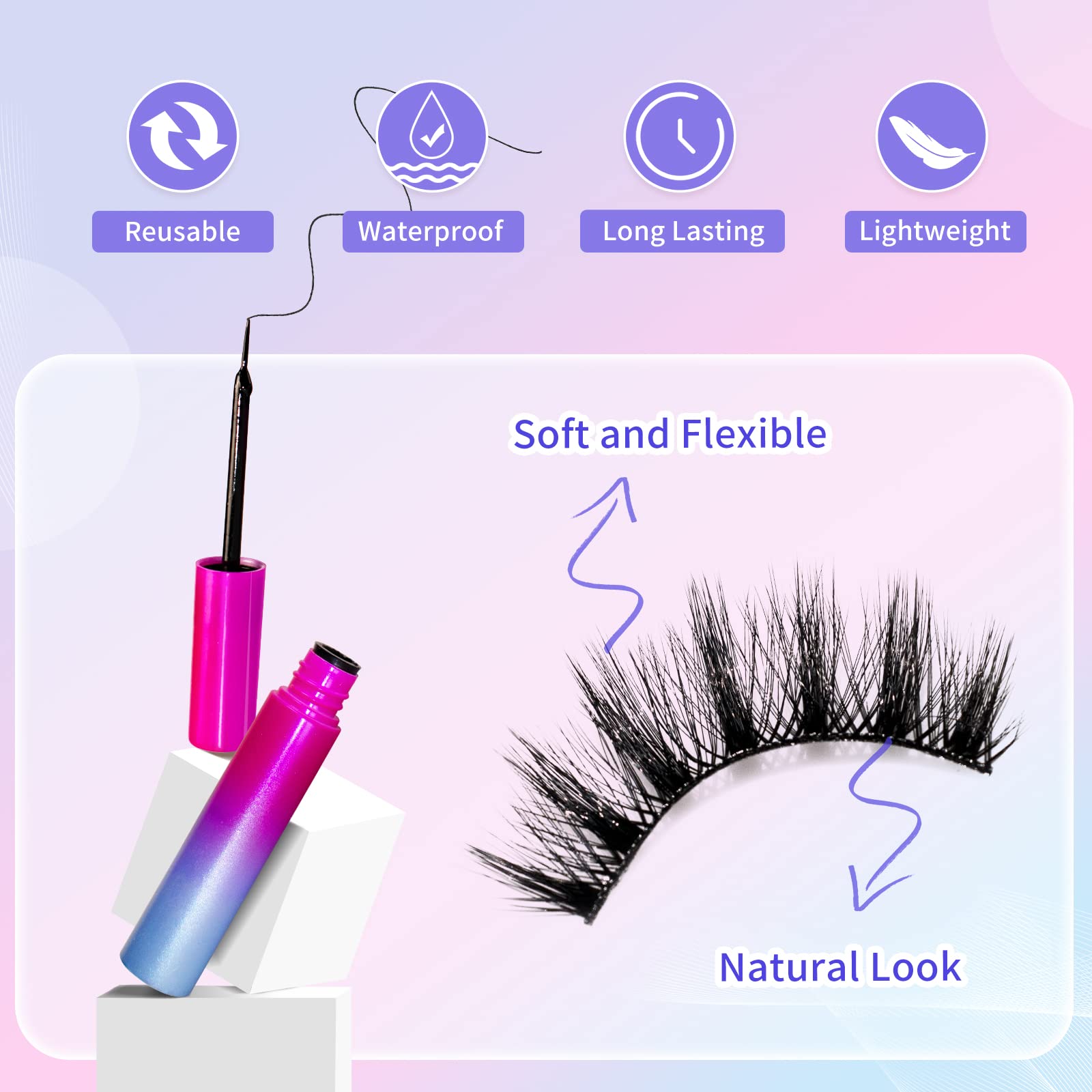 Magnetic Eyelashes Kit, Lashes Natural Look, Reusable False Eyelashes, Magnetic Eyelashes with Eyeliner, 2 Magnetic Eyeliners & Tweezers