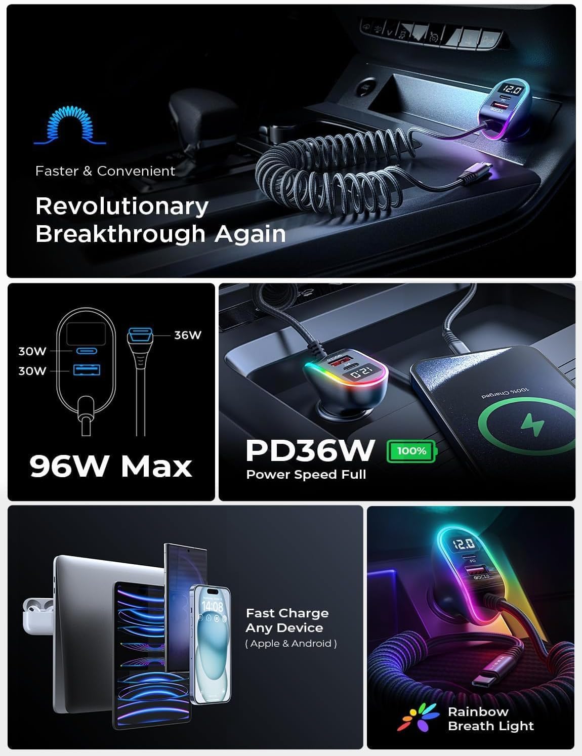 LISEN USB C 96W Super Fast Car Charger PD& QC3.0 with 5.3ft 36W Type C Coiled Cable,Car Phone Charger Adapter for iPhone 15 Pro Max Plus, Samsung Galaxy S24/S23/S22,Android, iPad Pro