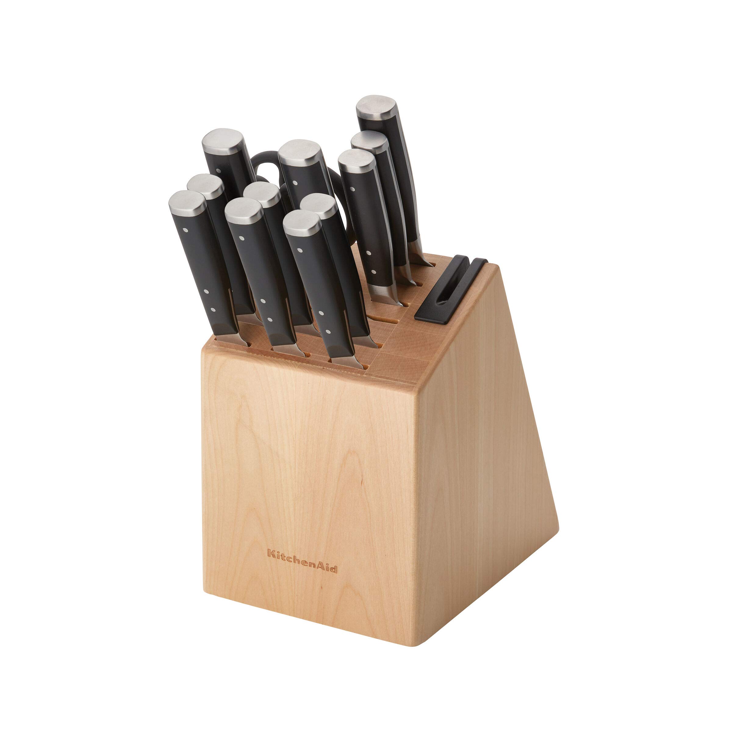 KitchenAid Gourmet 14-Piece Forged Triple Rivet Block Set with Built-in Knife Sharpener, Natural & Universal Tool and Gadget Set, 16 Piece, Black
