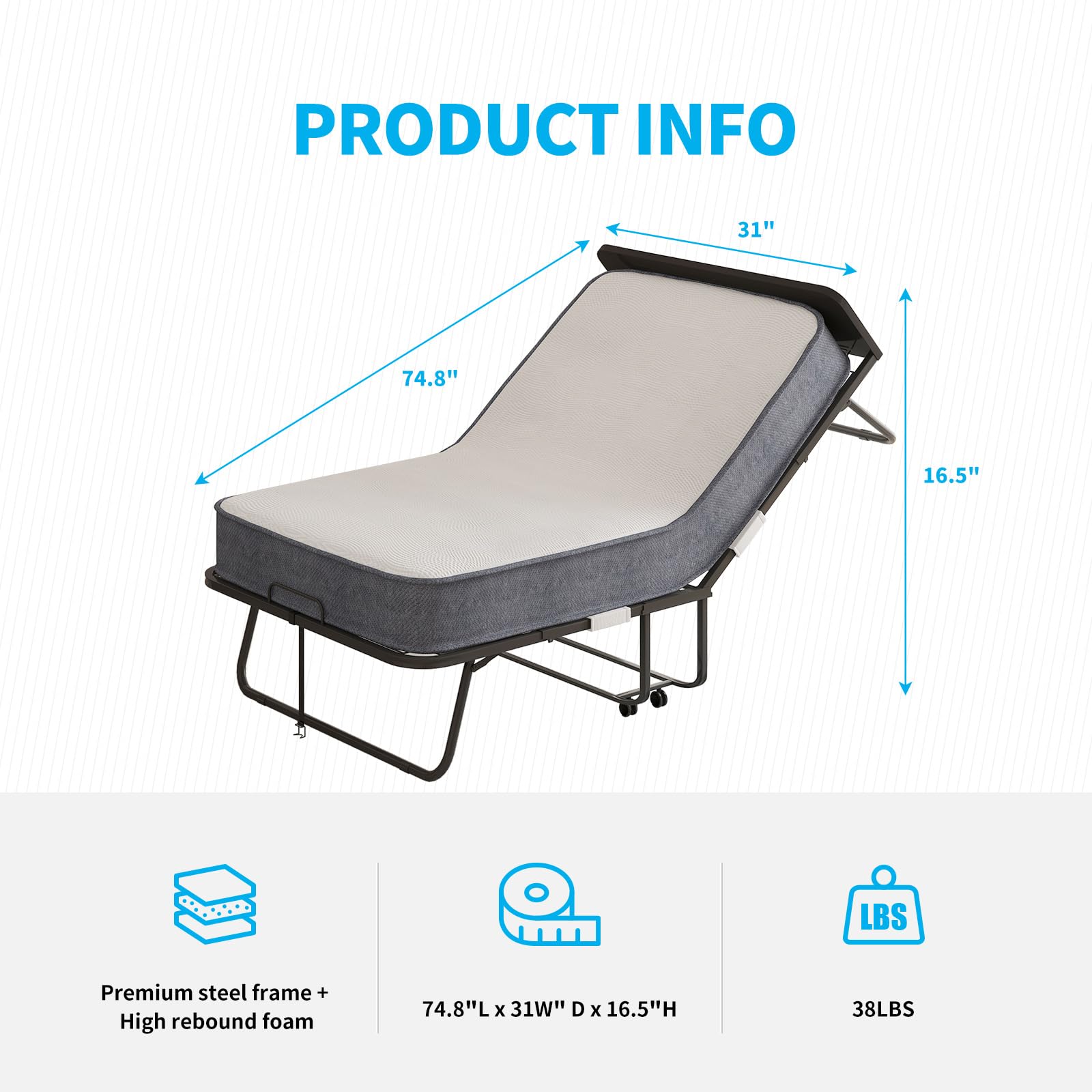 Horgaeo Folding Bed with 5 Inch Mattress Twin Size Portable Foldable Guest Bed with Headboard for Adults, Fold Up Rollaway Bed with Metal Frame and Dust Cover, Space Saving, 75 x 31