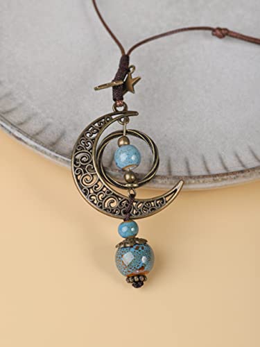 MINACHI Bohemian Hippie Moon Stars Ceramic Beads Lariat Necklace, Hippie Jewelry Gift for Women (Blue)