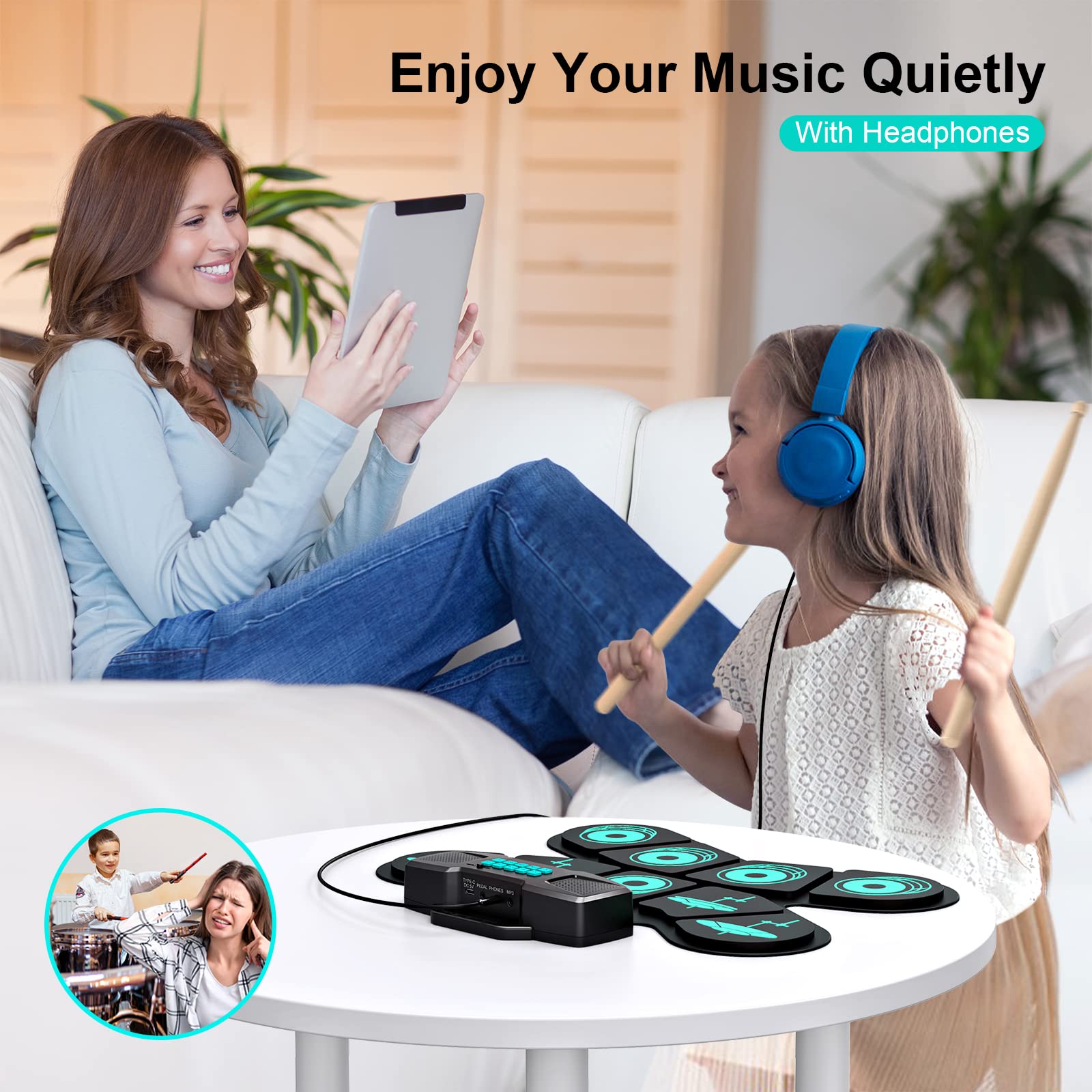 Ludysic Electronic Drum Pads, 9 Pads Roll-up Practice Drum Set Built-in Dual Speaker and Headphone Jack,Drum Sticks and Drum Pedals,Ideal Birthday Holiday Drum Sets Gift