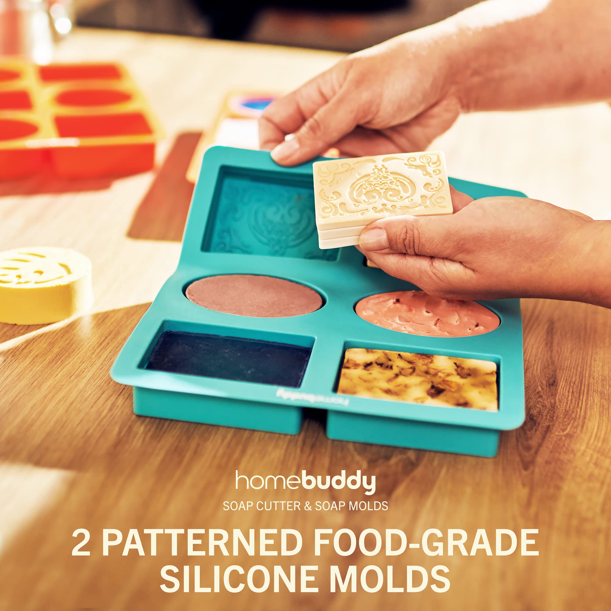 HomeBuddy Soap Molds with Soap Cutter Set - Ultimate Soap Making Supplies, Silicone Mold Making Kit with Bamboo Box and Lid, Adjustable Wooden Soap Mold Cutter - All in One Soap Molds for Soap Making