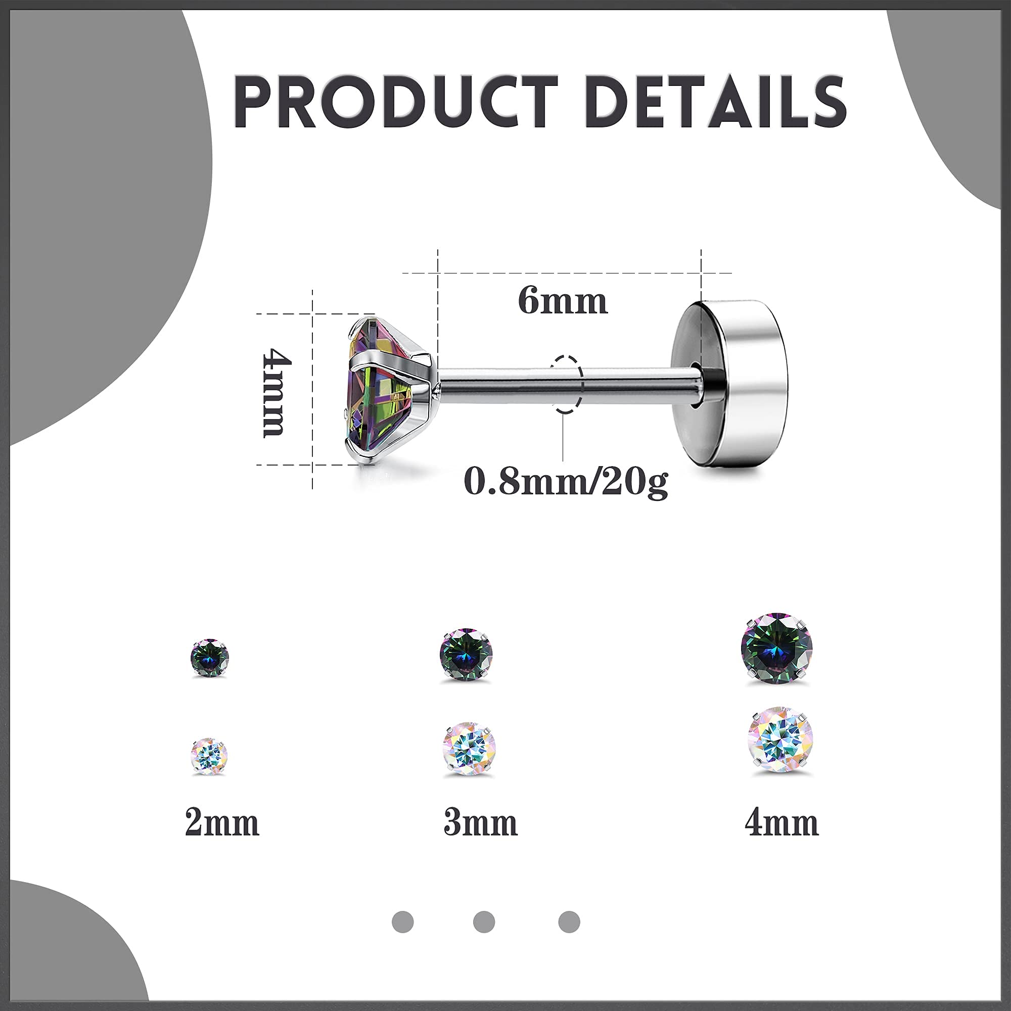 JOERICA 12Pairs 20G Stainless Steel CZ Stud Earrings for Women Men Cartilage Helix 2mm Stud Earrings Set Round Cubic Zirconia Screw Flat Back Stud Ear Piercing