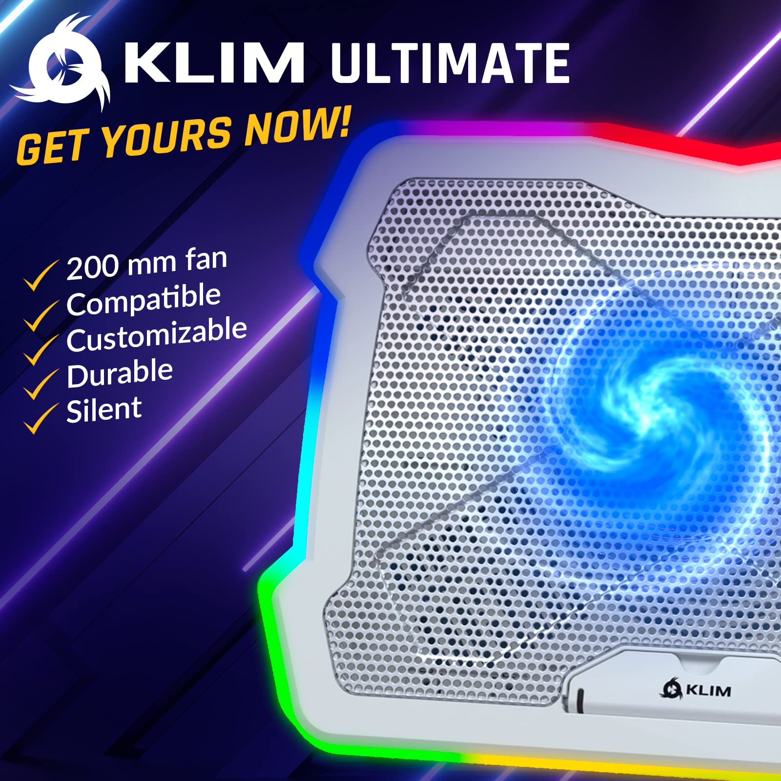 KLIM Ultimate + RGB Laptop Cooling Pad with LED Rim + New 2024 + Gaming Laptop Cooler + USB Powered Fan + Very Stable and Silent Laptop Stand + Compatible up to 17" + PC Mac PS5 PS4 Xbox One - White