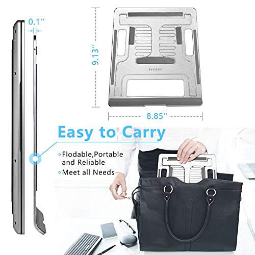ivoler 2 in 1 Laptop Riser Stand, 6 Angles, 3 Folding Modes,Portable Ergonomic Angled Laptop Aluminum Stand Adjustable Height Laptop Holder with Slide-Proof Silicone for Laptop 10''~15.6'' (Silver)