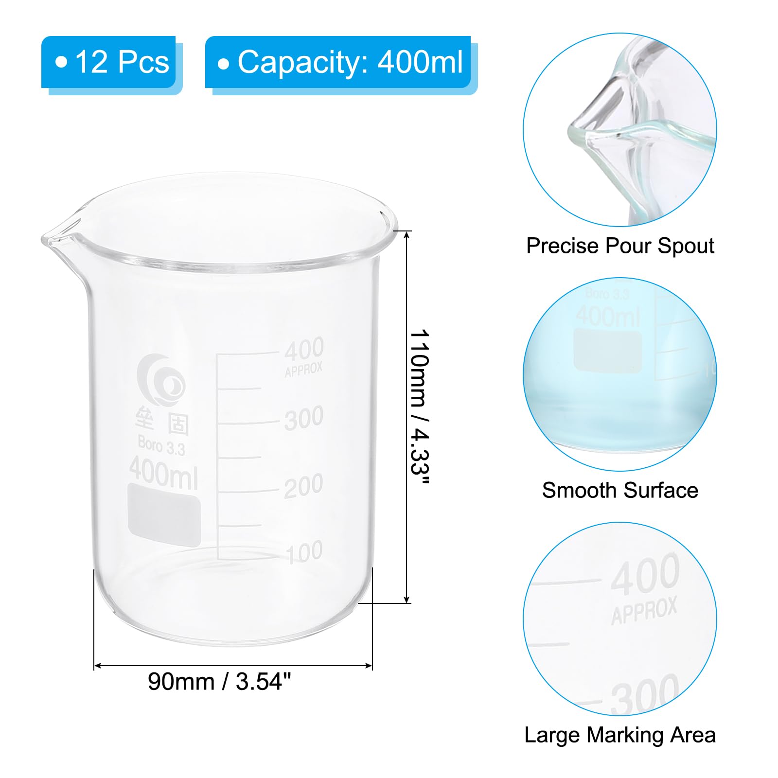PATIKIL 25ml Low Form Glass Beaker, 12Pcs 3.3 Borosilicate Glass Beakers Graduated Measuring Cup with Spout for Lab Experiment, Cooking and Baking, Clear