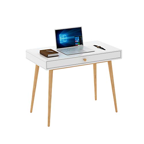InsifoHome White Writing Desk Vanity Desk with Drawer for Bedroom, Mid-Century Modern Home Office Desk Computer Desk