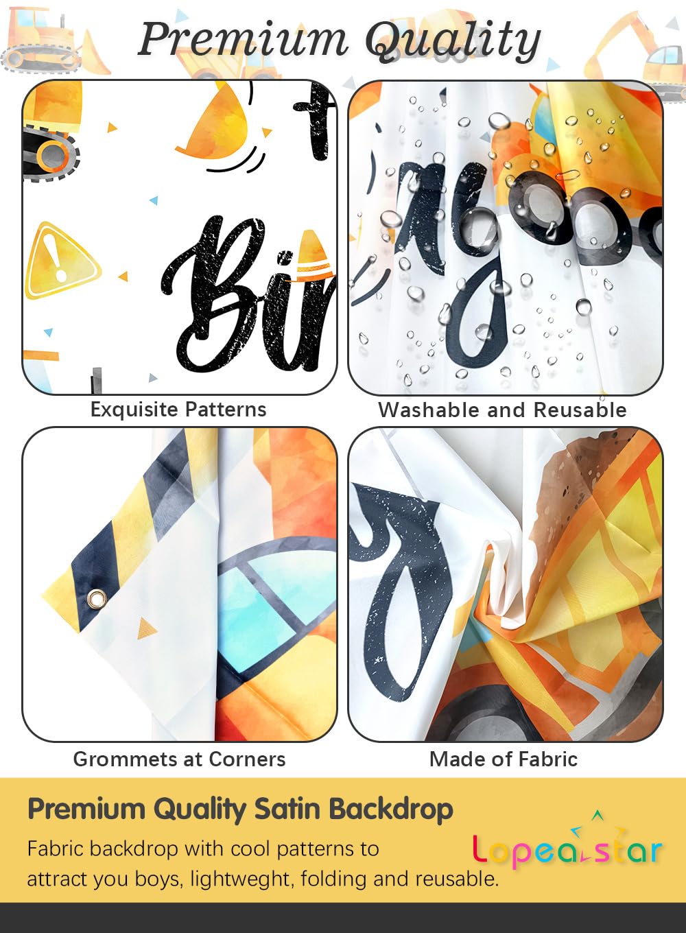 Lopeastar Construction Backdrop Banner Birthday Party Supplies, Large Size 3 x 5Ft Construction Party Decorations for Boys Yellow