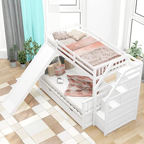 Twin Over Full Bunk Bed with 2 Drawers and Slide,Solid Wood Bunk Bed Frame with Convertible Storage Staircase for Kids, Teens Bedroom, Guest Room Furniture, No Box Spring Needed