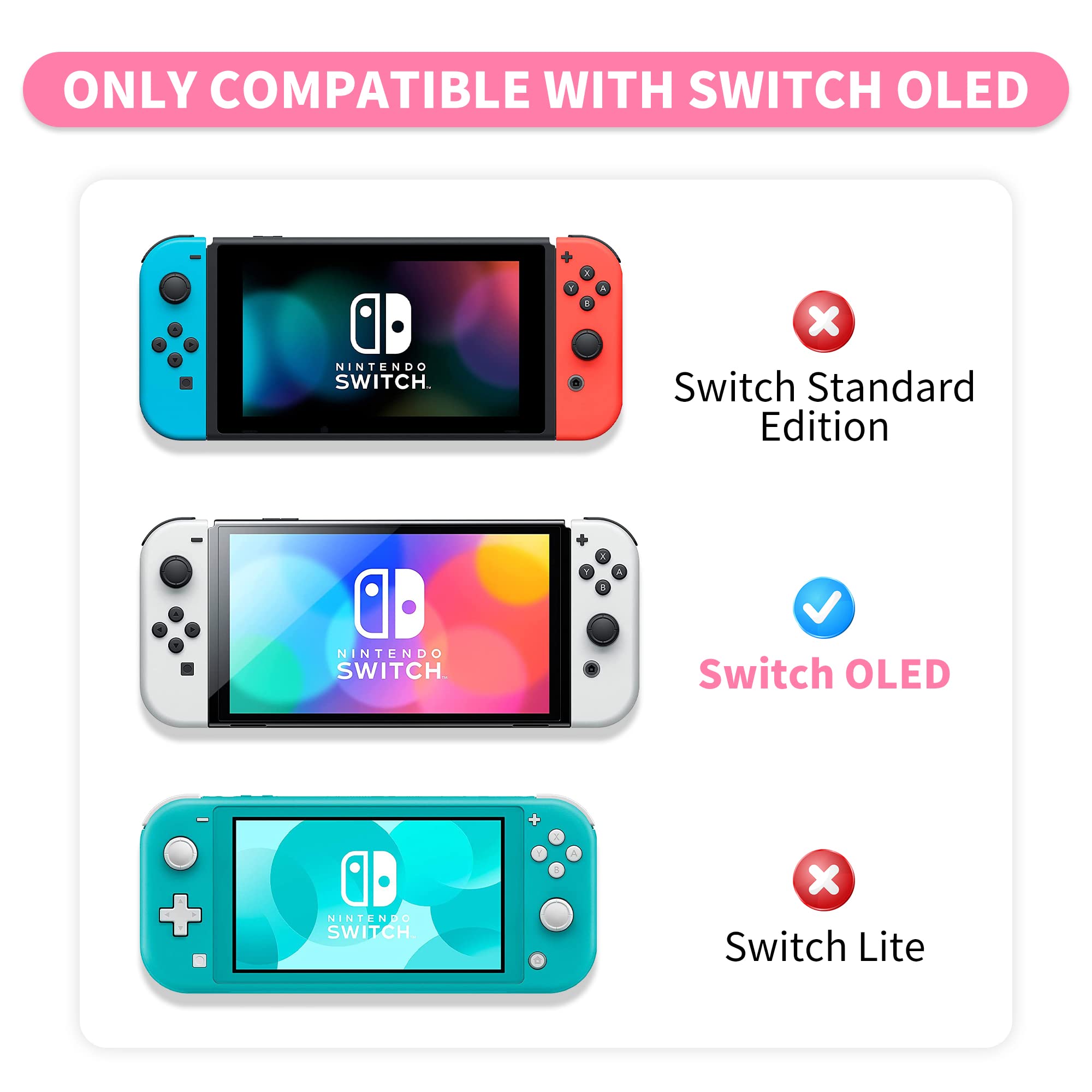 LASTYAL Bunny Pattern Protective Case for Nintendo Switch OLED Model and Joycon Controller, Cute Pink Case Compatible with Switch OLED with Screen Protector and 4 Thumb Grip Caps
