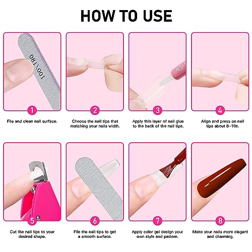 XIFEPFR 500PCS Clear Coffin Nail Tips, Half Cover False Nails Tips, Acrylic Nail Tips, 10 Sizes French Artificial Tips with Nail Glue Clipper Files Cuticle Fork for Nail Extension Home DIY Nail Salon
