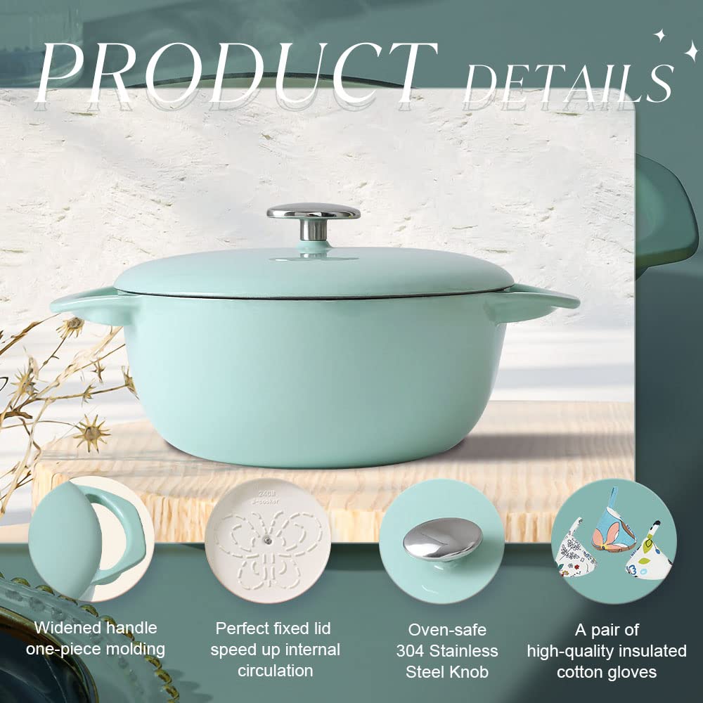 M-COOKER 3.5 QT Enameled Cast Iron Covered Dutch Oven, Non-Stick Round Enamel Dutch Oven with Dual Handle, Great Gifts for Family (Teal)