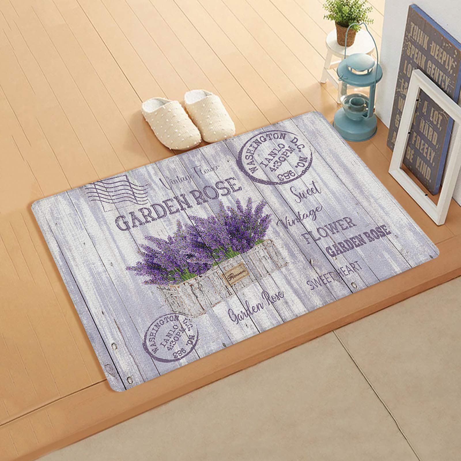 Lavender Antifatigue Kitchen Bath Door Mat Cushioned Runner Rug,Washable Welcome Floor Sink Mat,Purple Flowers Vintage Postcard Wood Texture Waterproof & Non-Slip Comfort Standing Doormat,24"x36"