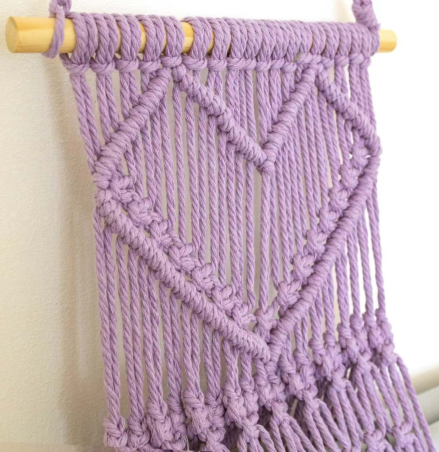 Macrame Yoga Mat Holder Wall Mount Yoga Mat Foam Roller Wall Hanging Rack for Yoga Mat Storage Organizer with 3 Sizes Easy Access Pocket Boho Gym Home Decor-Purple (Pastel Lavender)