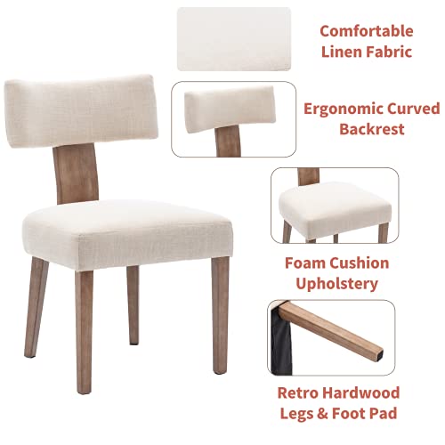 HNY Hi&Yeah Mid Century Modern Dining Chairs, Linen Fabric Upholstered and Curved Backrest Kitchen Chairs Set of 2, with Hardwood Frame, Beige