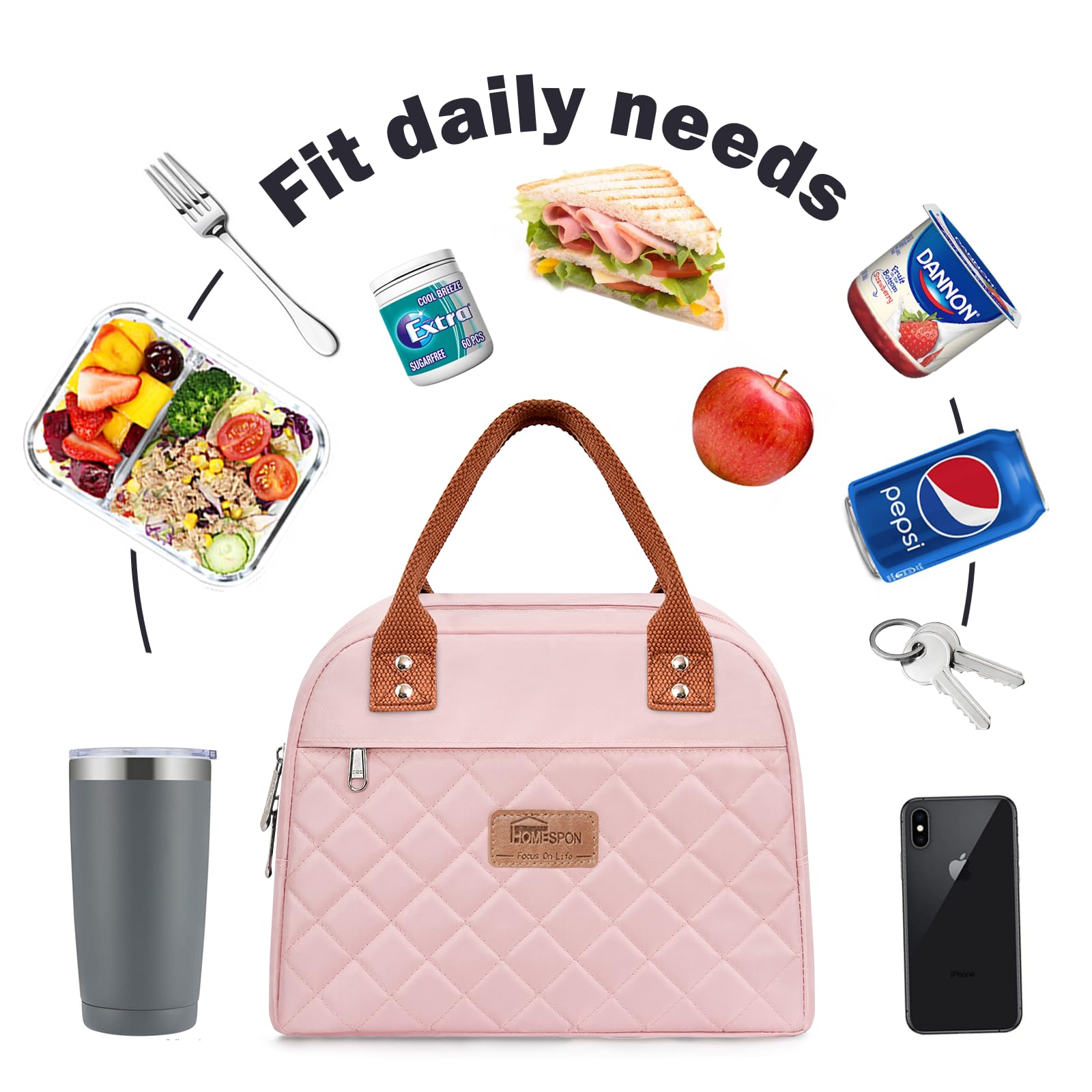 HOMESPON Insulated Lunch Bag for Women Men Adults Lunch Tote with Front Pocket Lunch Box Container Cooler Bag for Work Picnic (Pink)