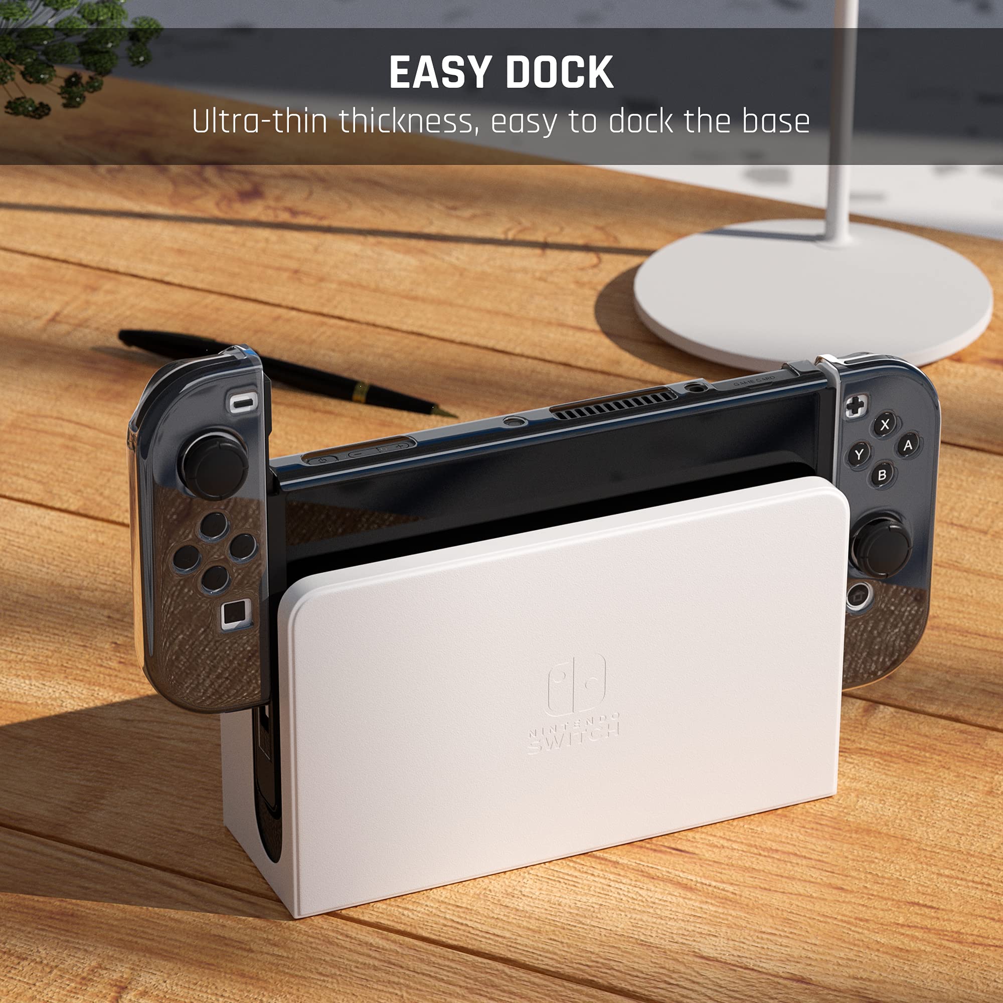 LASTYAL Protective Clear Flip Shell Compatible with Nintendo Switch OLED Model, Transparent Cover Case for Switch OLED and Joycon Controller with 10 Thumb Grip Caps and Screen Protector (Black)