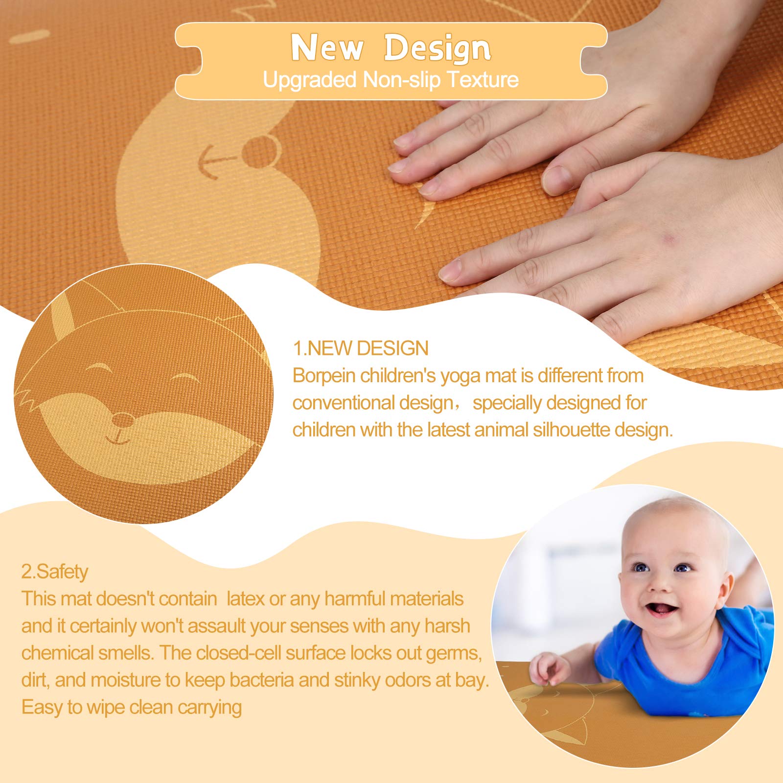 Kids Yoga Mat for Toddlers with Unique Fox Design Exercise and Playtime for Babies and Young children(60" L x 24" W x 3mm Thick) (FOX2)