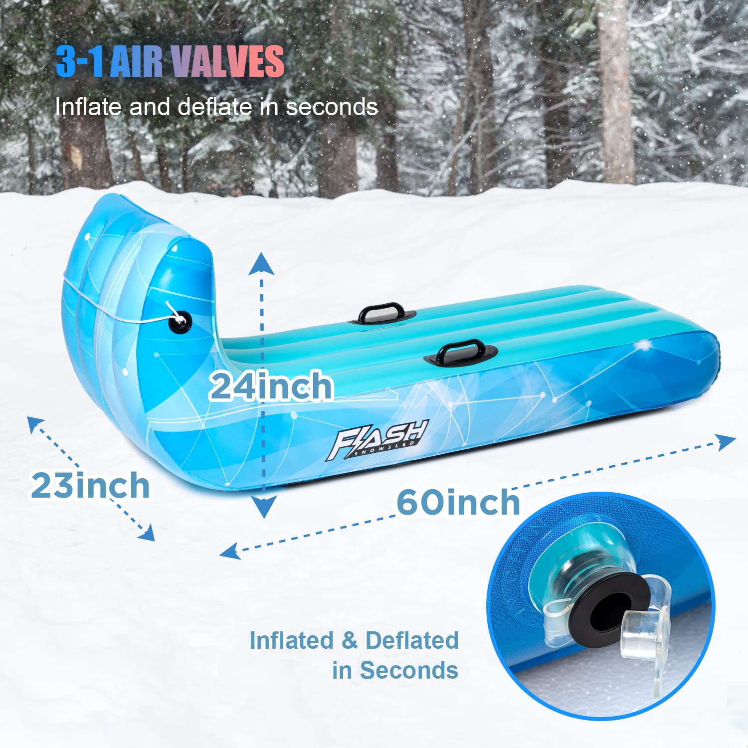 LIFECHOIC 2 Pack Snow Sled, 60" Giant Inflatable Toboggans, Snow Tubes for Kids and Adults, Heavy Duty Winter Sledding, Snow Riders with Handles and 2 Pull Ropes